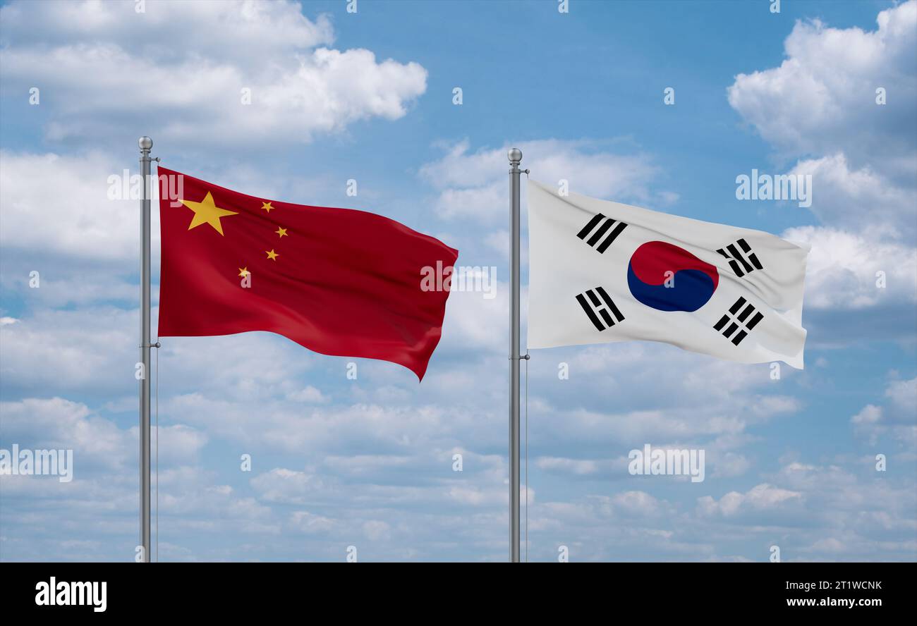 South Korea or Republic of Korea or ROK and China flags waving together ...