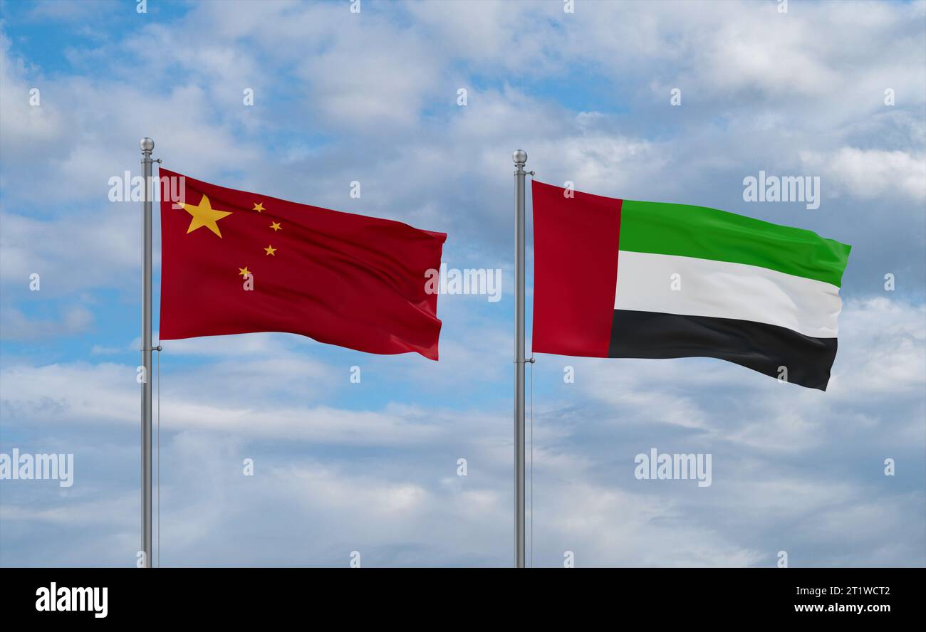 United Arab Emirates and China flags waving together in the wind on ...