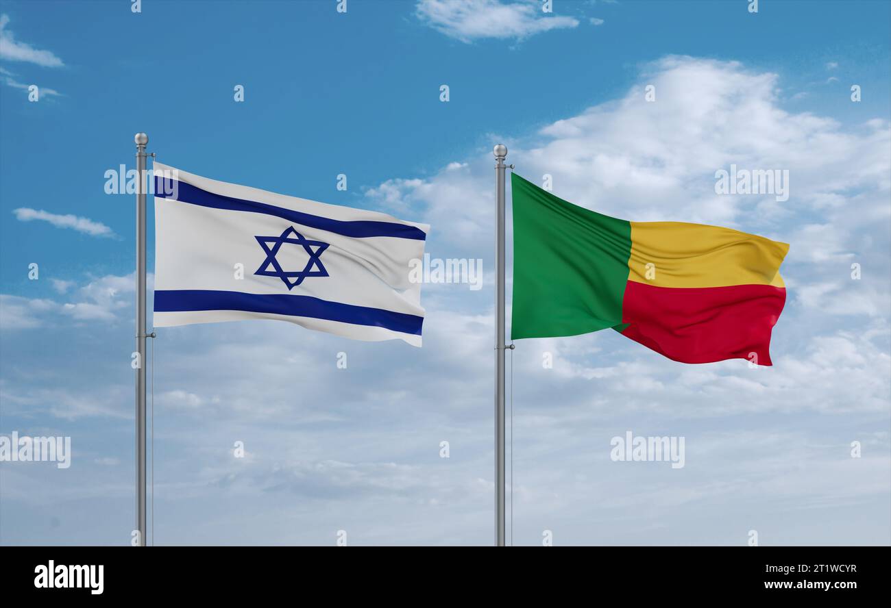 Benin and Israel flags waving together on blue cloudy sky, two country relationship concept ...