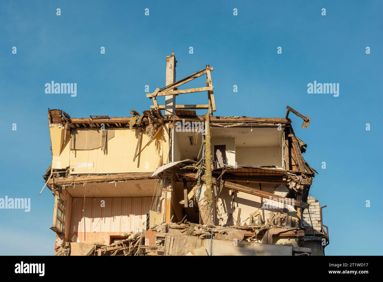 Destroyed residental building. Upper floors of destroyed house with ...