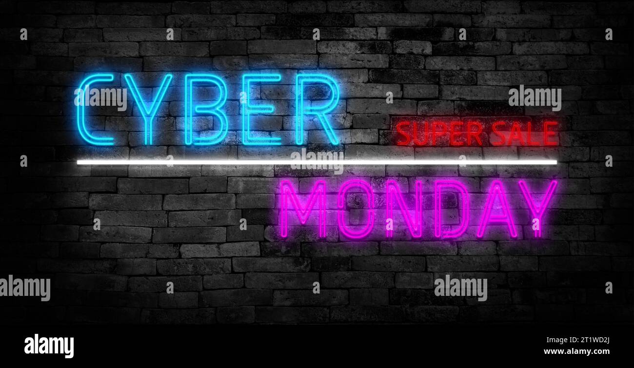 Cyber Monday neon horizontal banner. Neon text on dark brick background ...