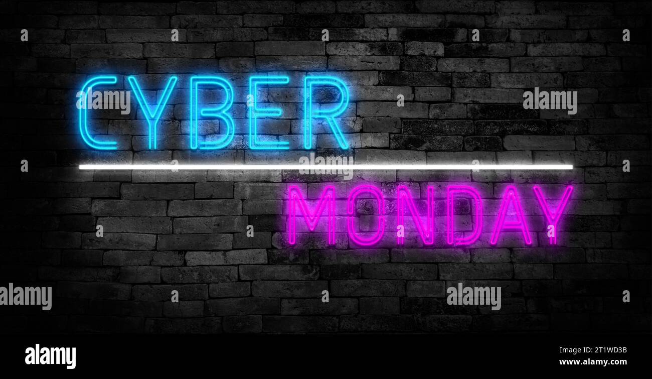 Cyber Monday neon horizontal banner. Neon text on dark brick background ...