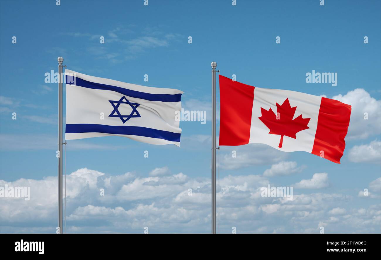 Canada and Israel flags waving together in the wind on blue cloudy sky ...