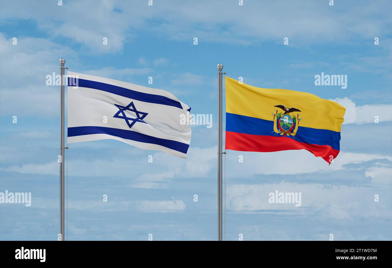 Ecuador and Israel flags waving together on blue cloudy sky, two ...