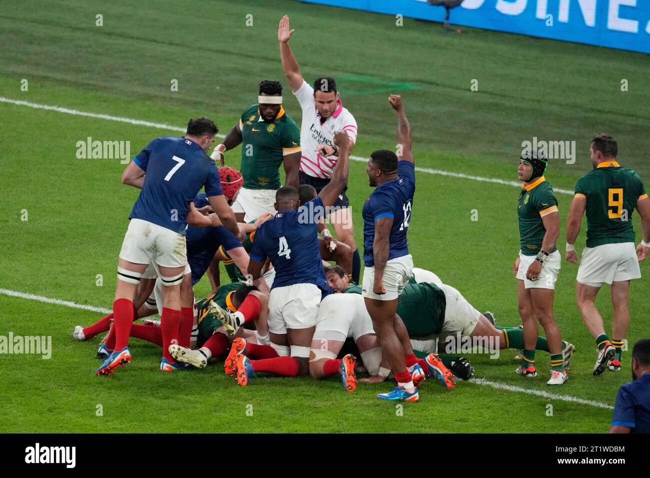 France team players celebrate as Cyril Baille scores a try during the ...