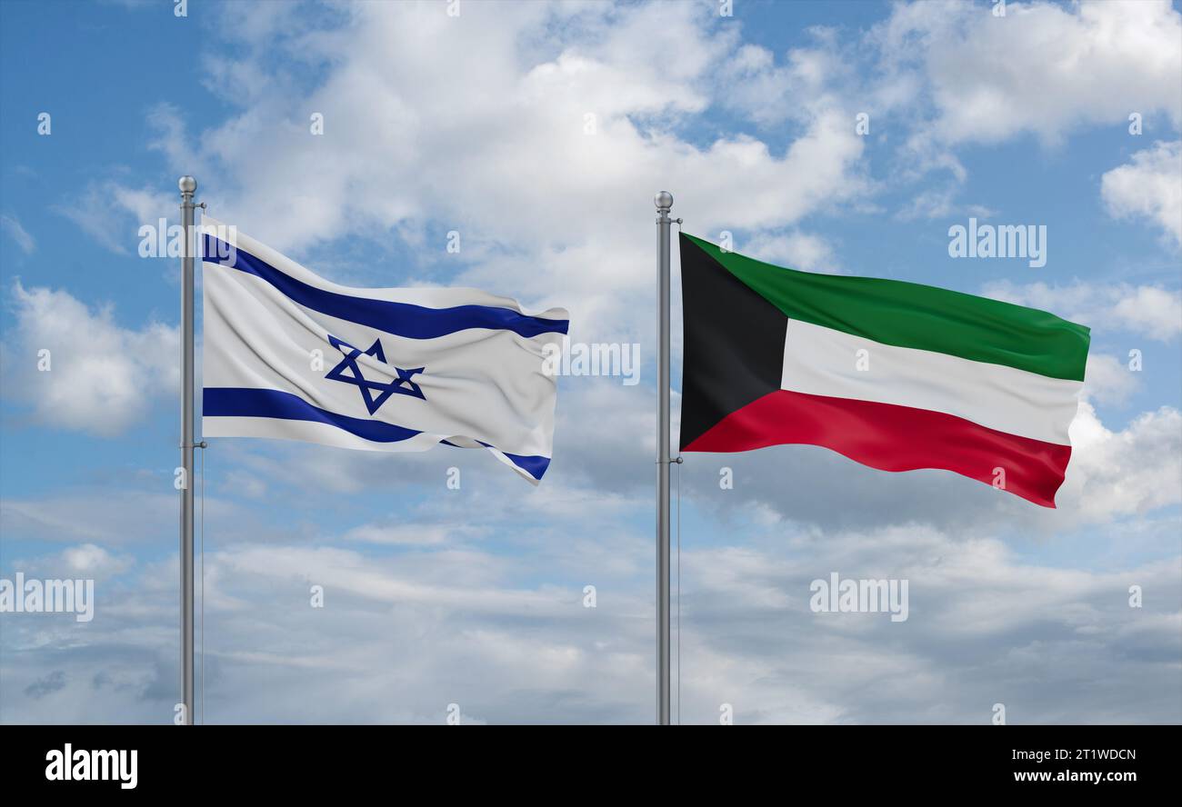 Kuwait and Israel flags waving together in the wind on blue cloudy sky ...