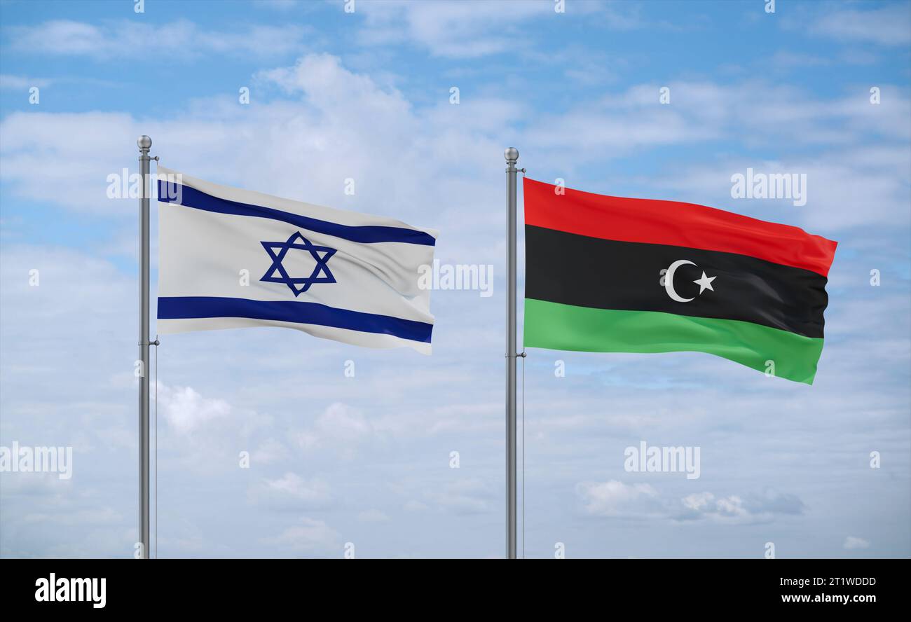 Libya and Israel flags waving together in the wind on blue cloudy sky ...