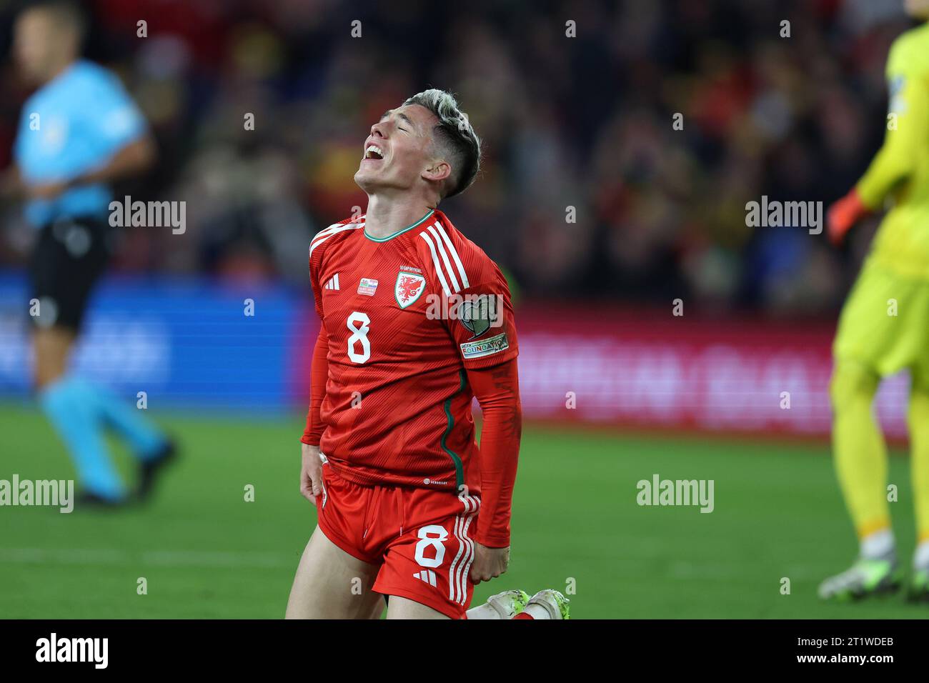Cardiff, UK. 15th Oct, 2023. Harry Wilson of Wales reacts after missing ...
