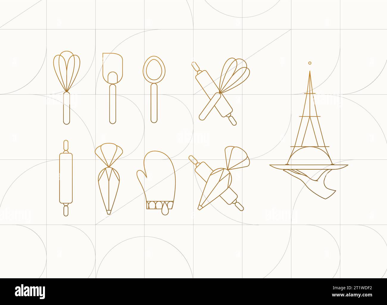 Kitchen utensils in art deco style to prepare bakery products whisk ...