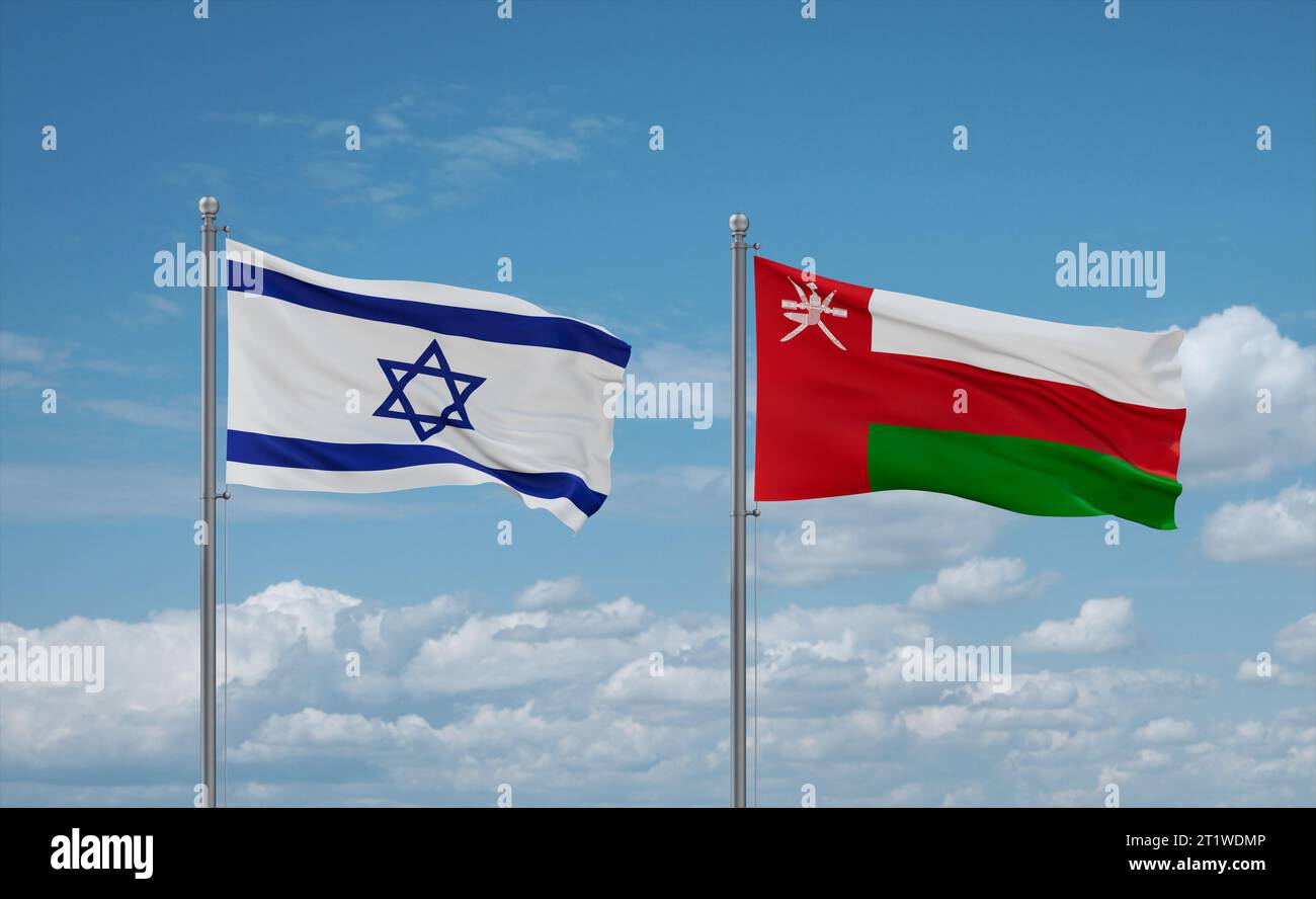 Oman and Israel flags waving together in the wind on blue cloudy sky ...