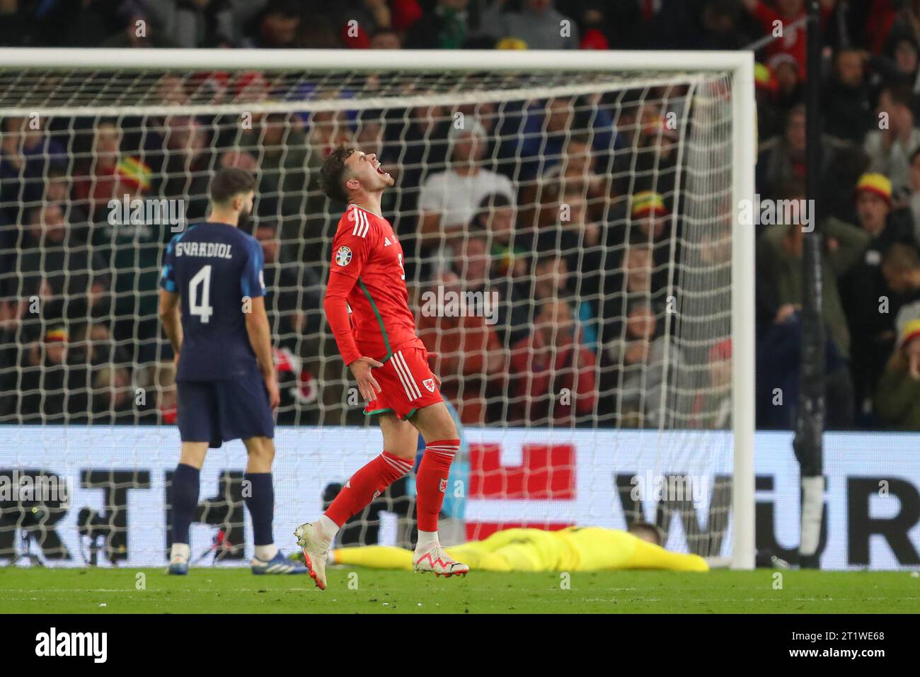 Cardiff, UK. 15th Oct, 2023. Neco Williams of Wales reacts to a missed ...