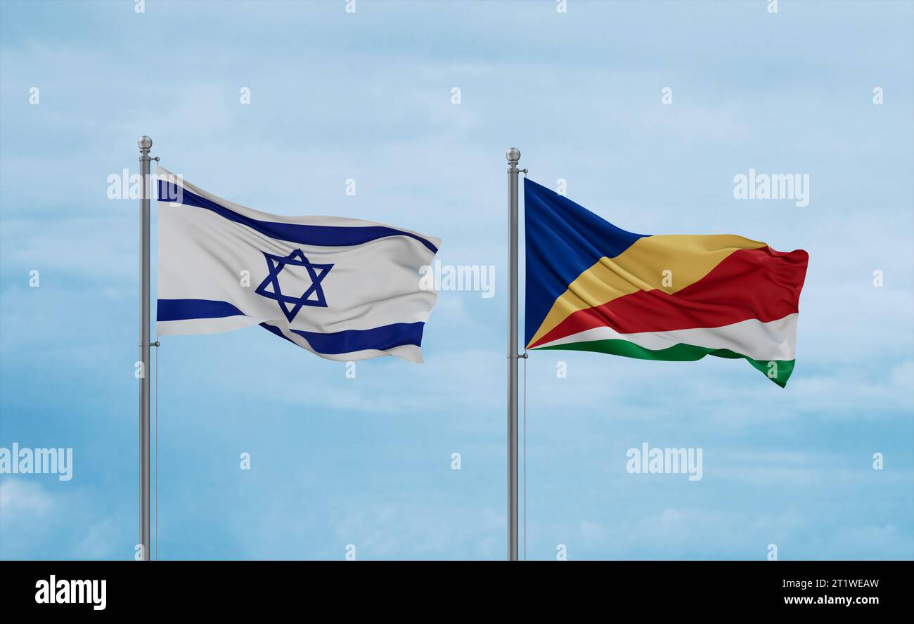 Seychelles and Israel flags waving together in the wind on blue cloudy sky, two country ...