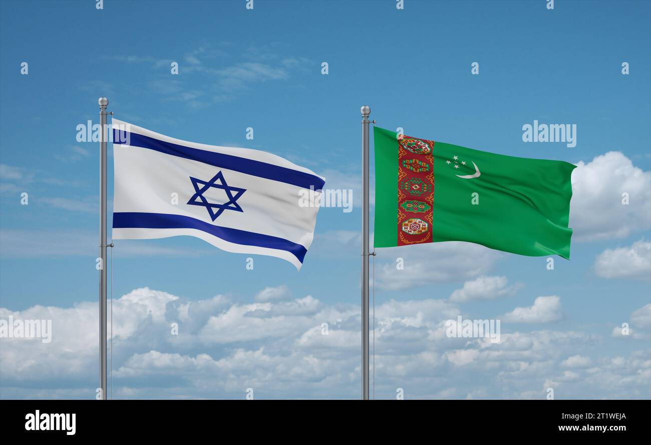 Turkmenistan and Israel flags waving together in the wind on blue ...