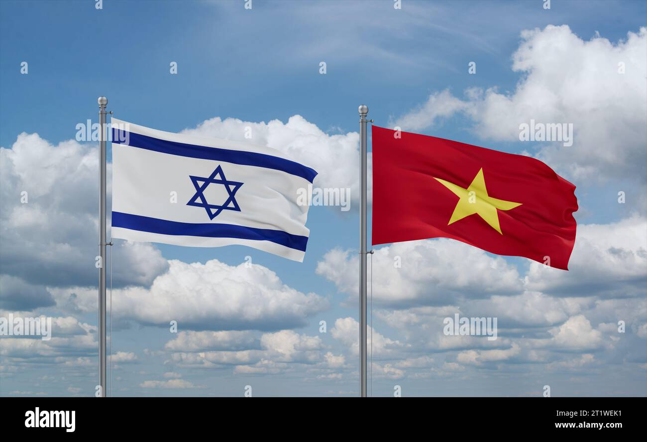 Vietnam and Israel flags waving together in the wind on blue cloudy sky ...