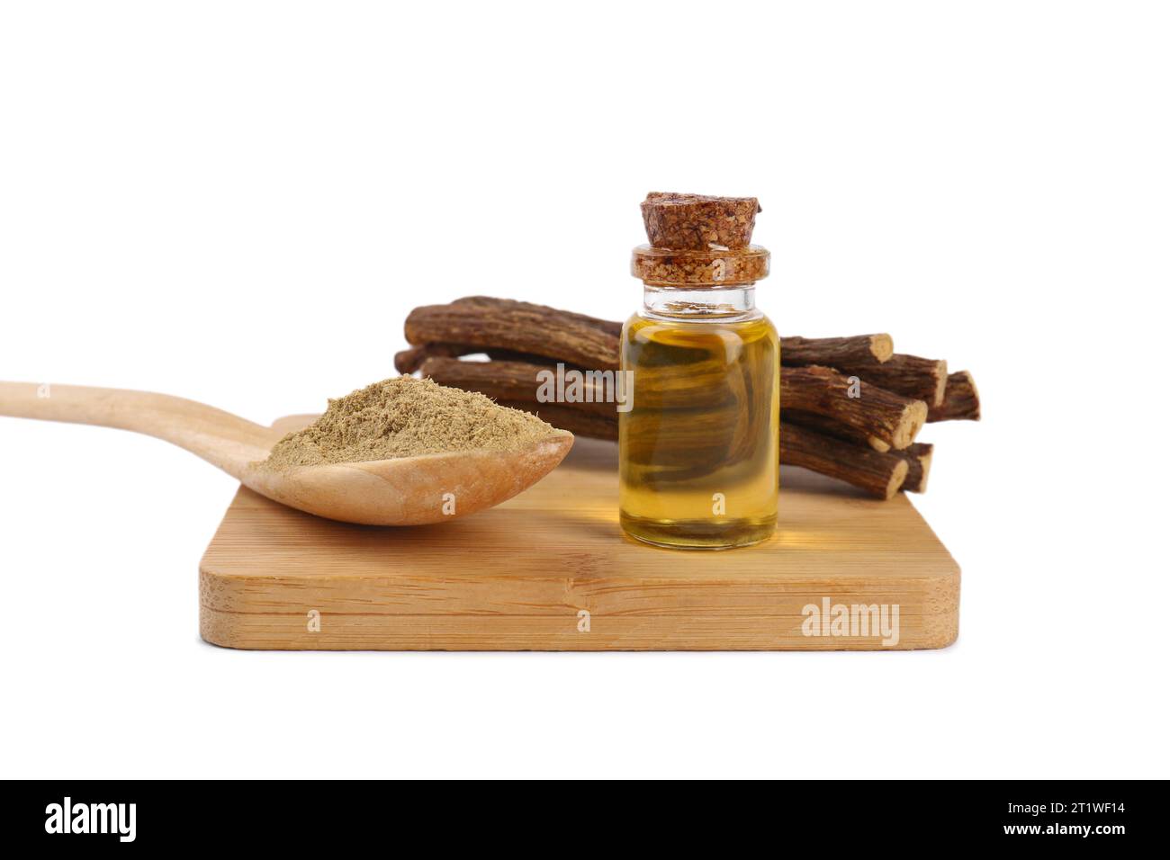 Dried sticks of licorice root, powder and essential oil isolated on ...