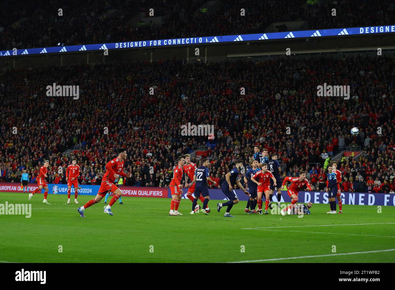 Cardiff, UK. 15th Oct, 2023. Harry Wilson of Wales (l) has a free-kick ...