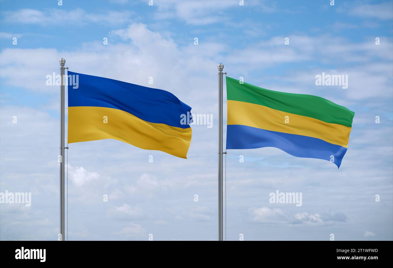 Gabon and Ukraine flags waving together on blue cloudy sky, two country relationship concept ...