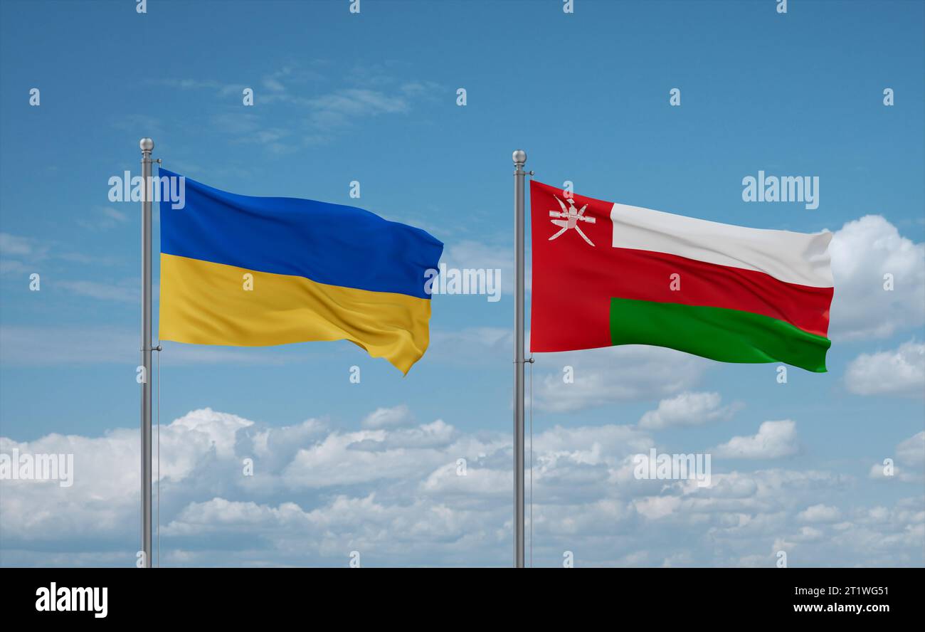 Oman and Ukraine flags waving together in the wind on blue cloudy sky, two country relationship ...