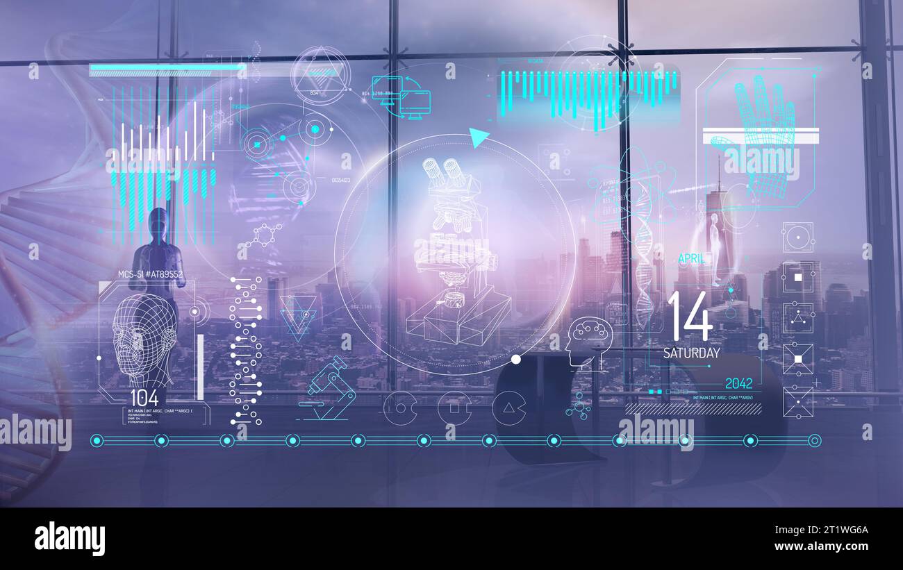 A virtual interface with infographics on the topic of medical research ...