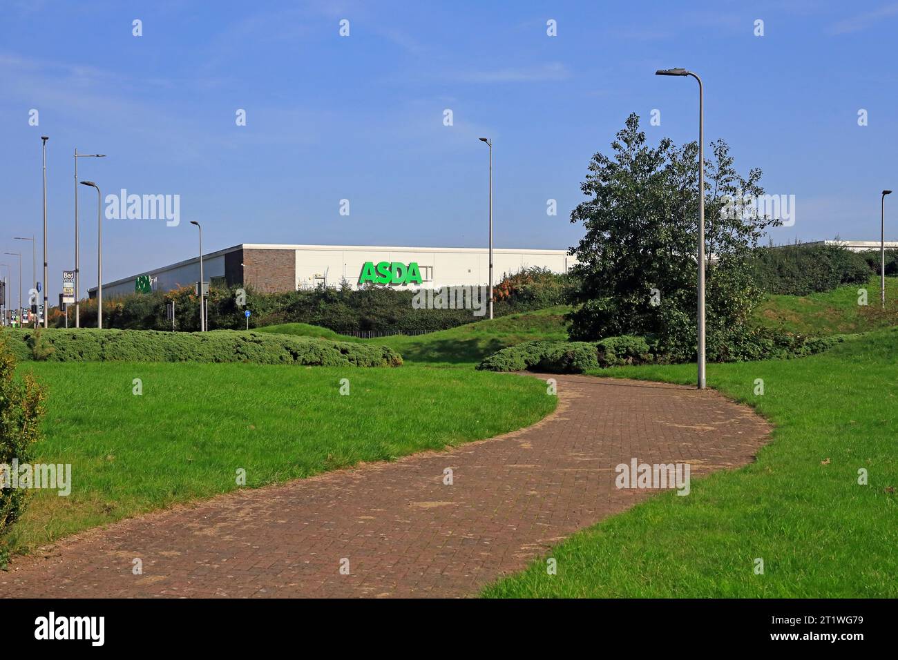 Cardiff views, Asda store from grassy roundabout with winding path ...