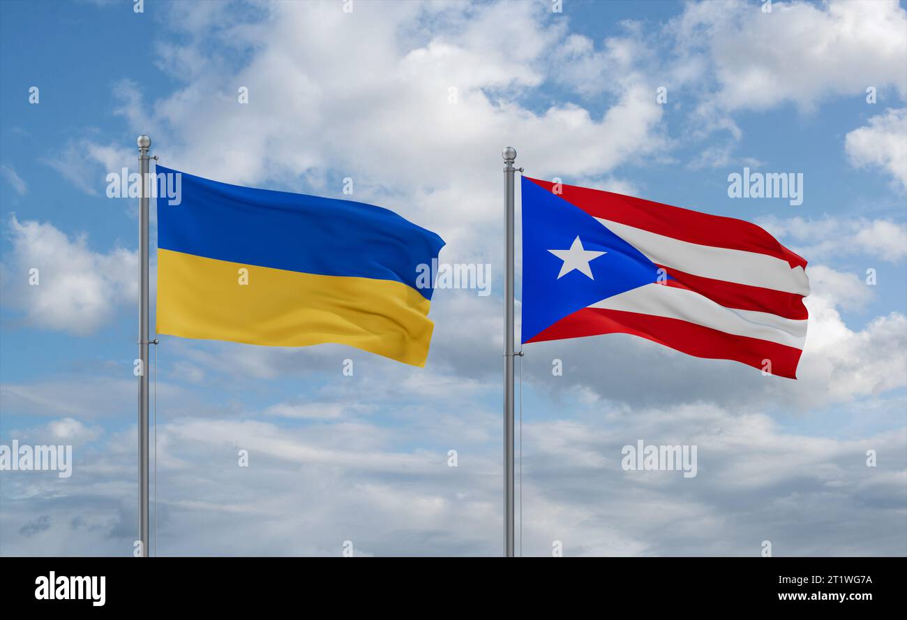 Puerto Rico and Ukraine flags waving together in the wind on blue cloudy sky, two country ...
