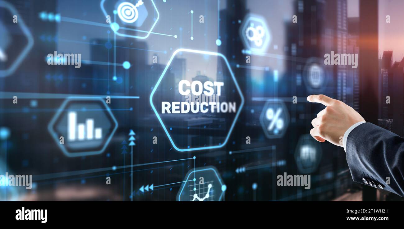 Cost reduction business finance concept. Businessman clicks virtual ...