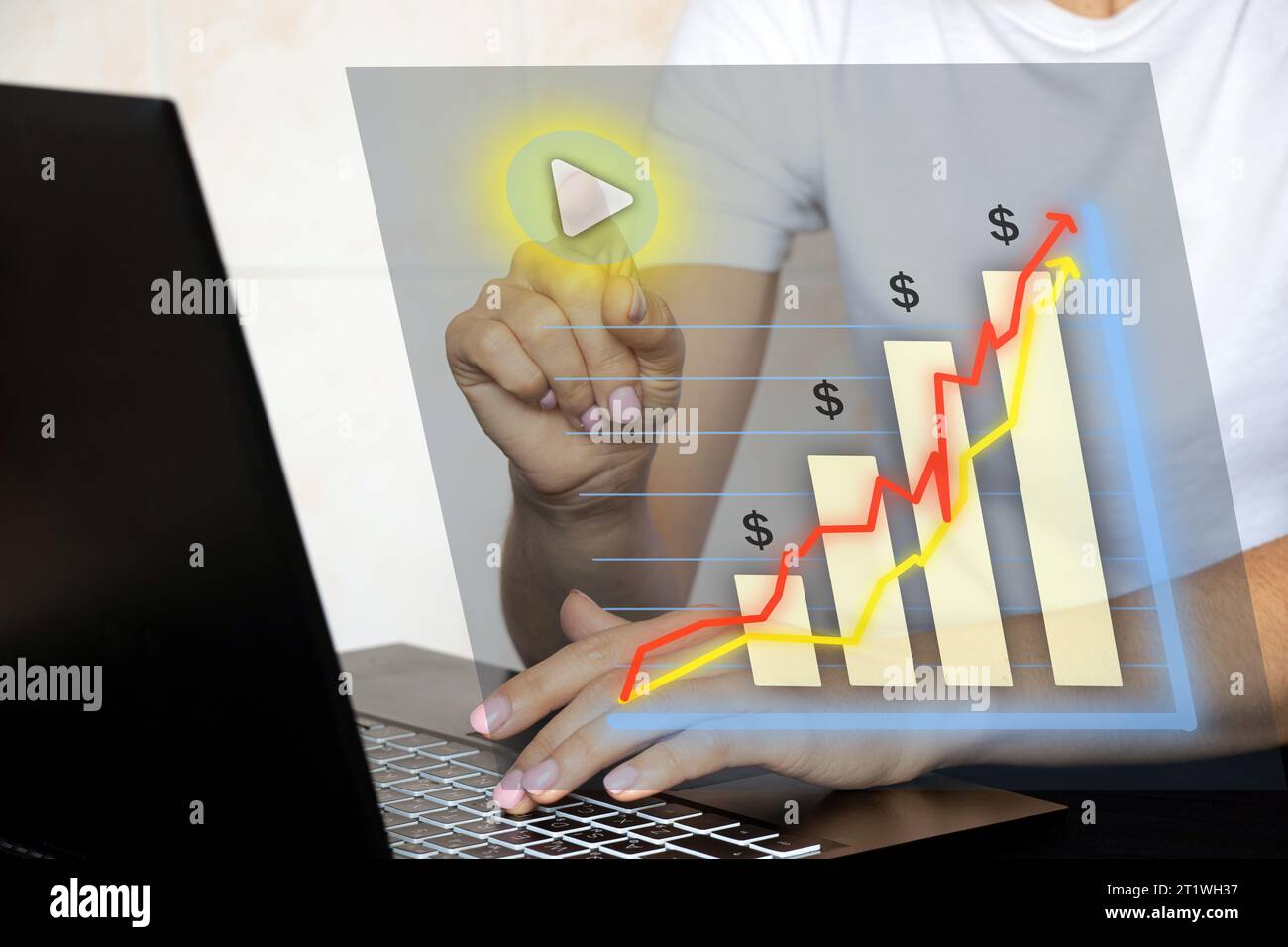 A woman's hand presses a virtual button on a graph with a histogram ...