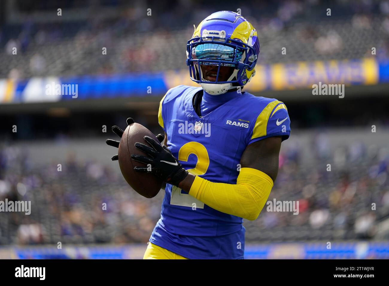 Los Angeles Rams safety Russ Yeast (2) warms up before an NFL football ...