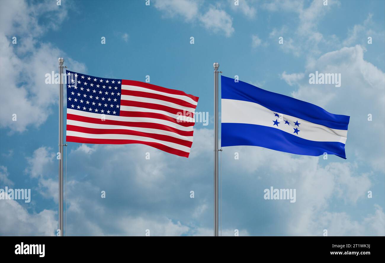 Honduras and USA flags waving together in the wind on blue cloudy sky ...