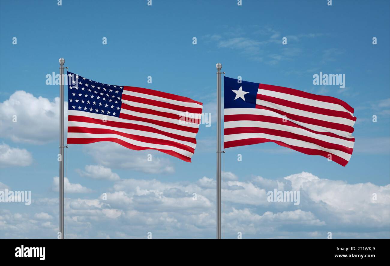 Liberia and USA flags waving together in the wind on blue cloudy sky ...