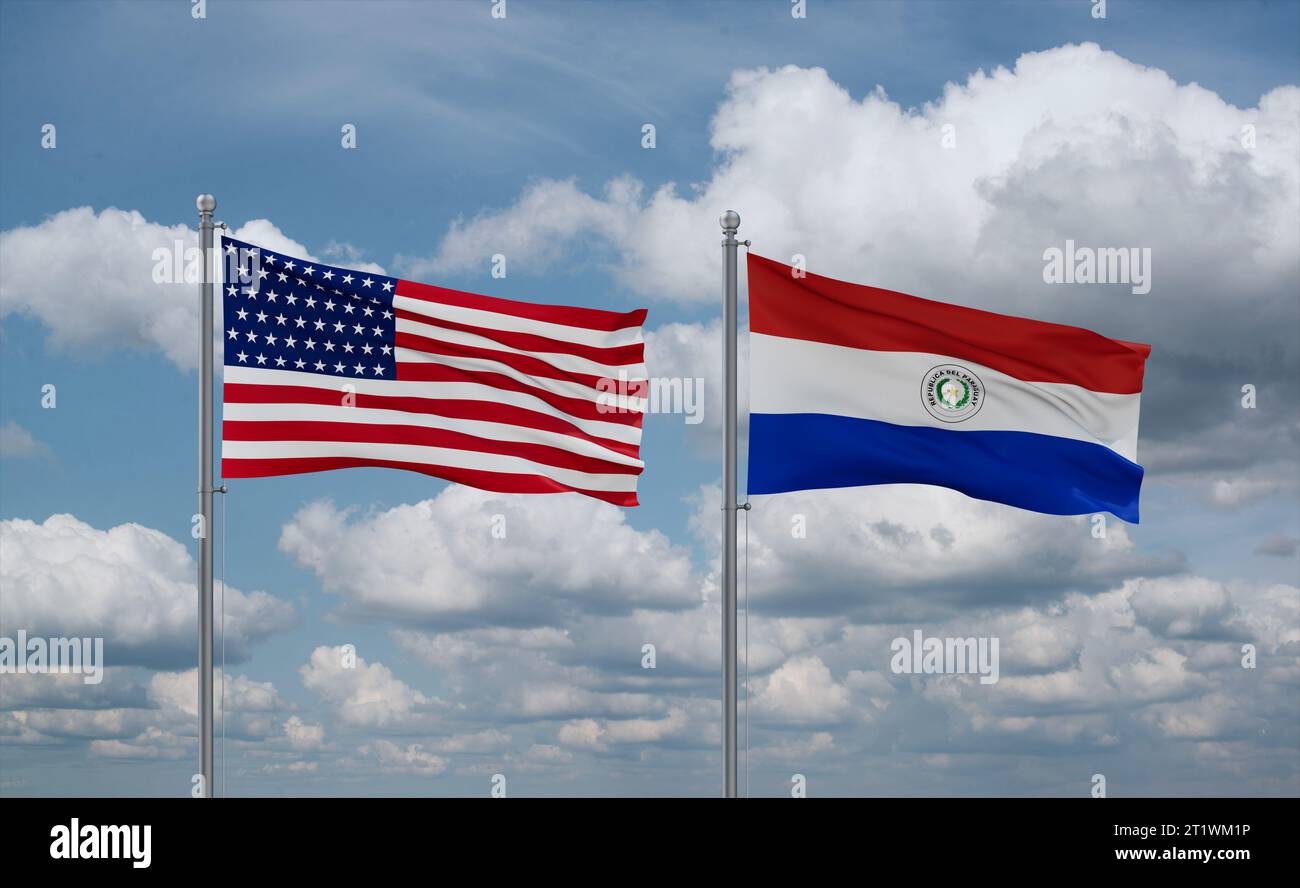 Paraguay and USA flags waving together on blue cloudy sky, two country ...