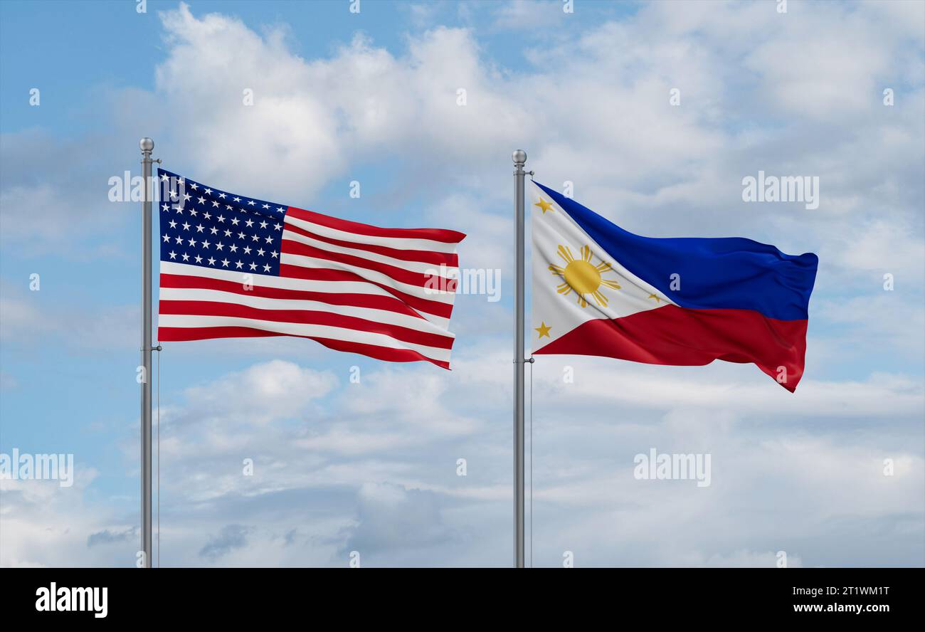 Philippines and USA flags waving together in the wind on blue cloudy ...