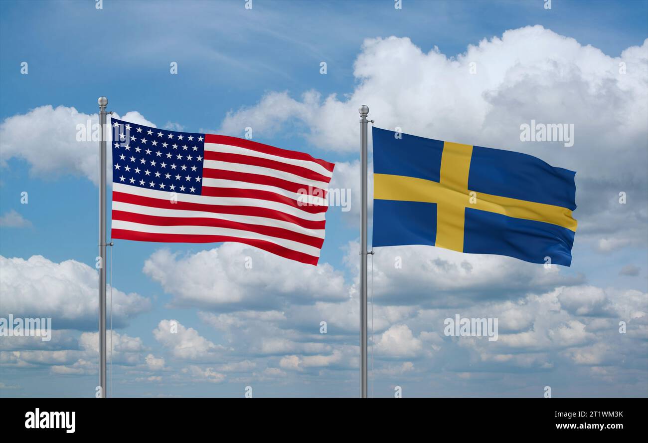 Sweden and USA flags waving together in the wind on blue cloudy sky, two country relationship ...
