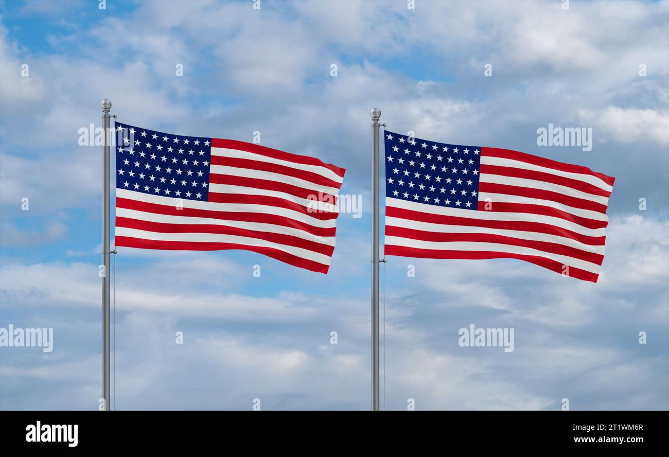 Two USA flags waving together in the wind on blue cloudy sky, two ...