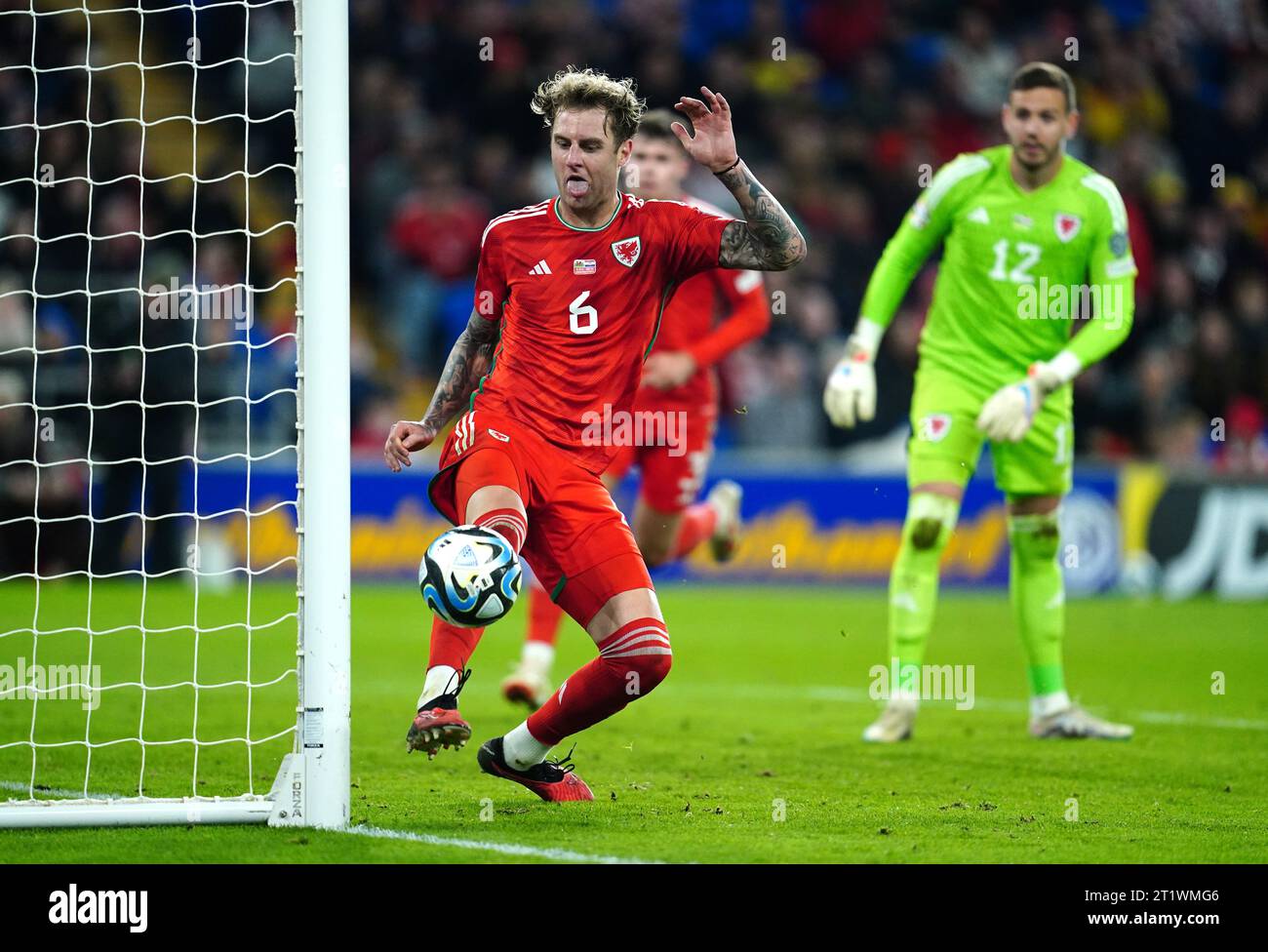 Wales' Joe Rodon clears the ball off the line from Croatia's Dion Drena ...