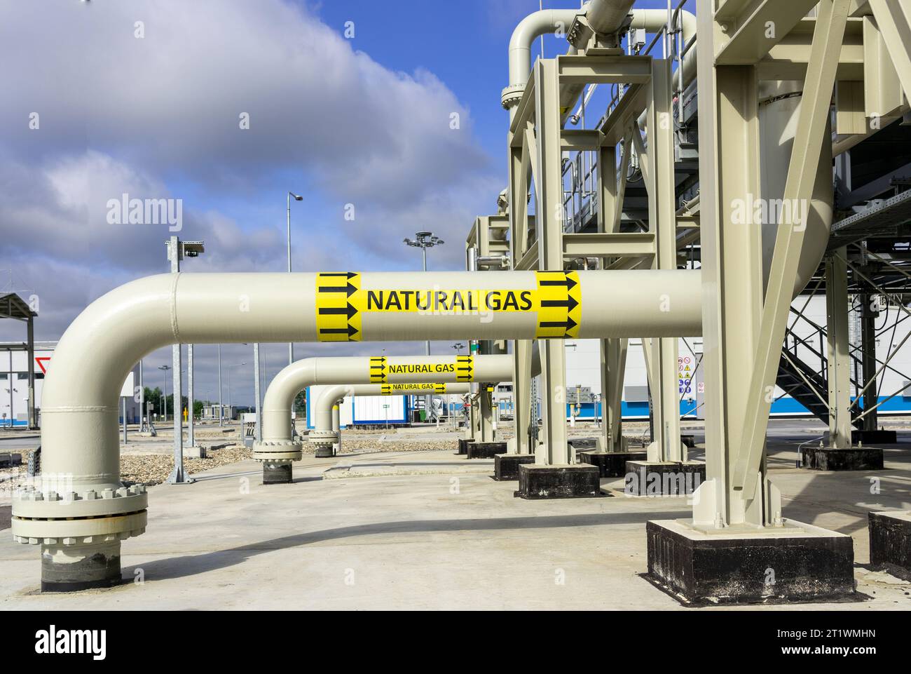 A row of pipes on a gas transport installation with the inscription ...