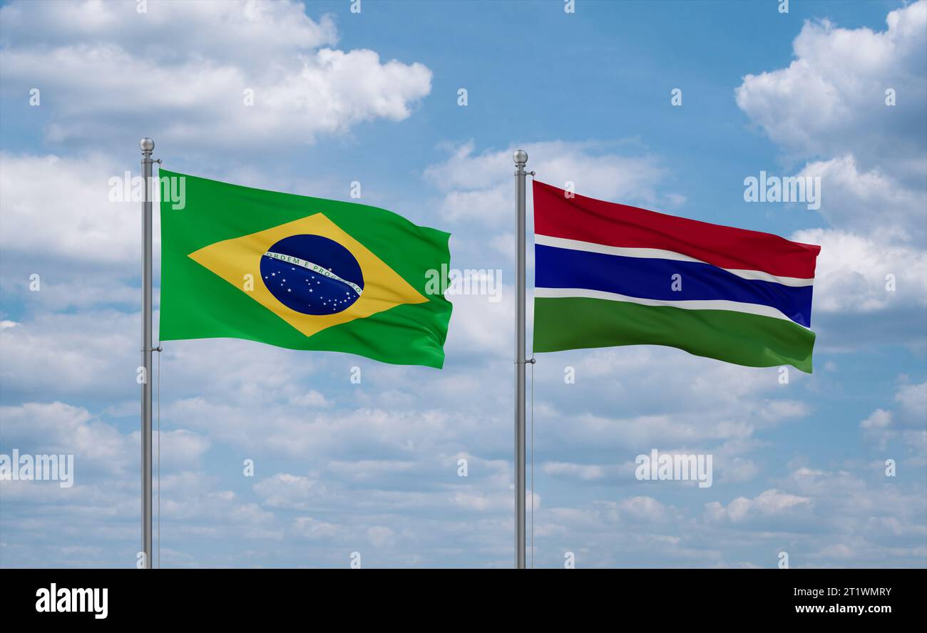 Gambia and Brazil flags waving together on blue cloudy sky, two country relationship concept ...