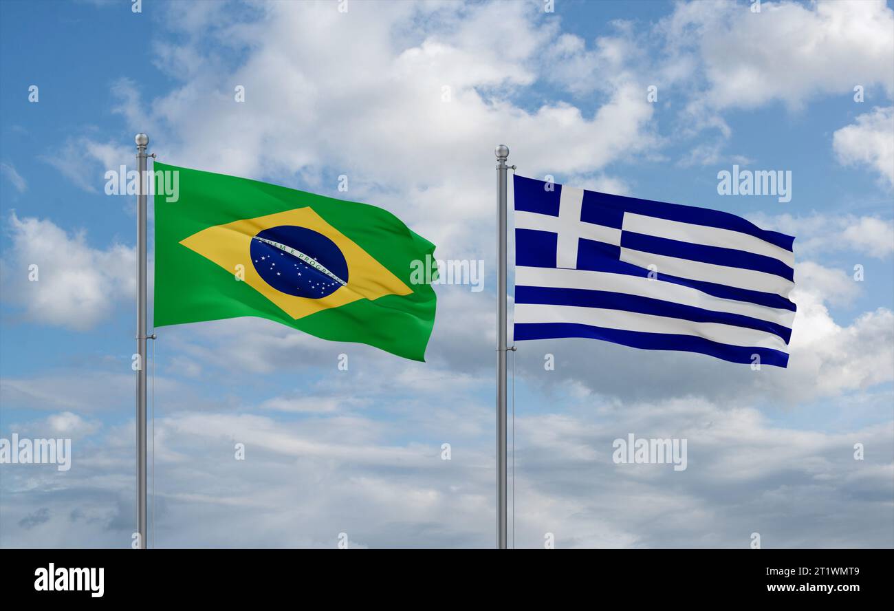 Greece and Brazil flags waving together on blue cloudy sky, two country ...