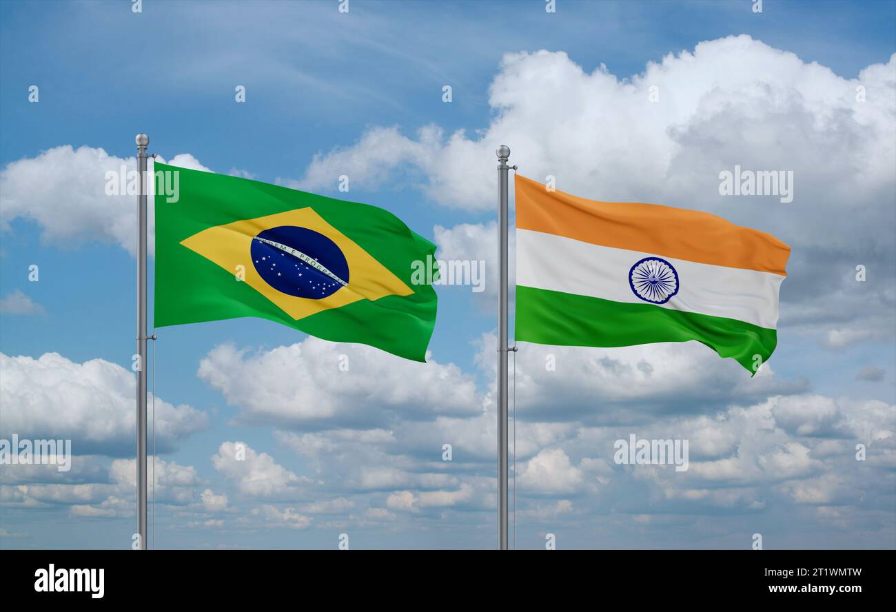 India and Brazil flags waving together on blue cloudy sky, two country ...