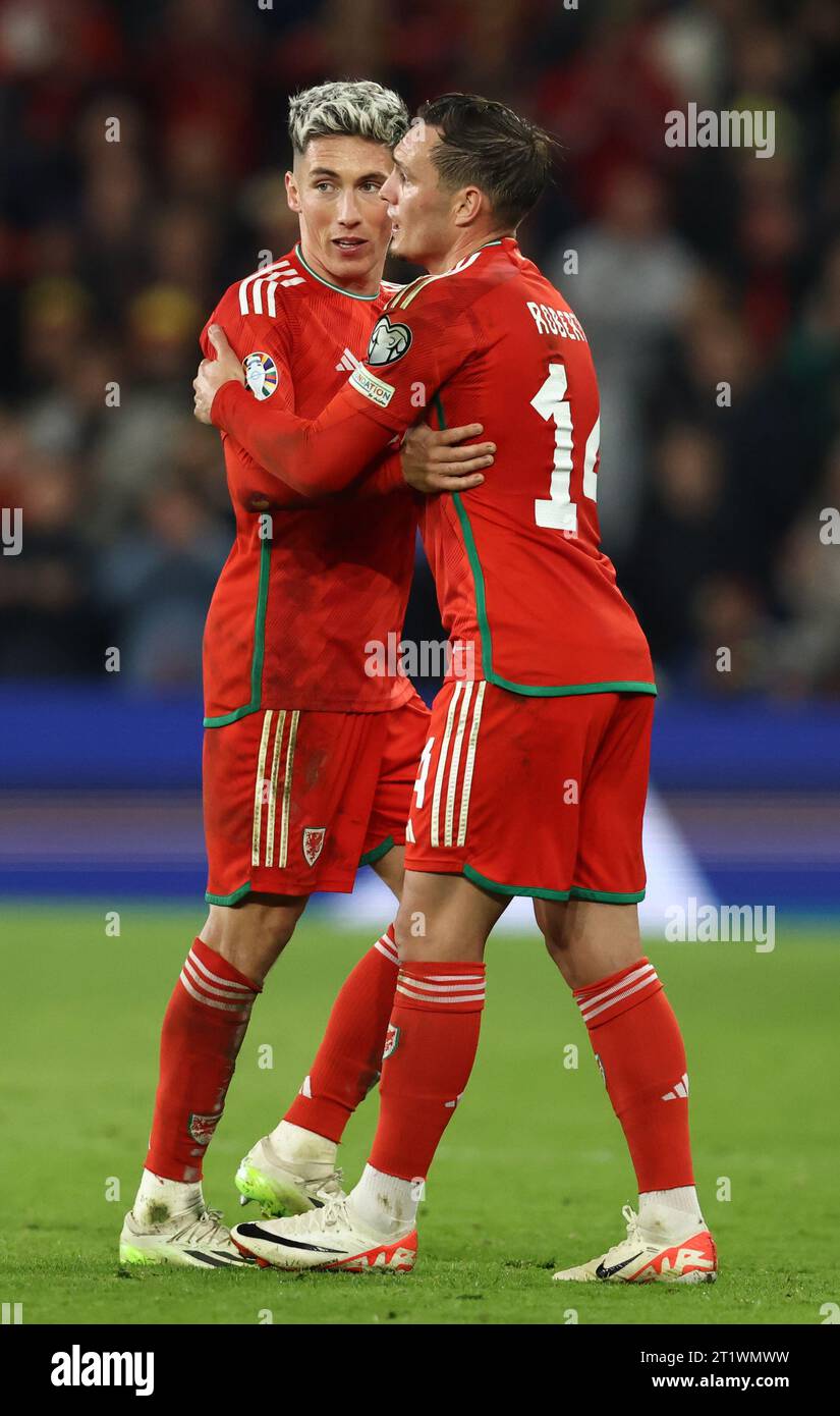 Cardiff, UK. 15th Oct, 2023. Harry Wilson of Wales embraces Connor ...