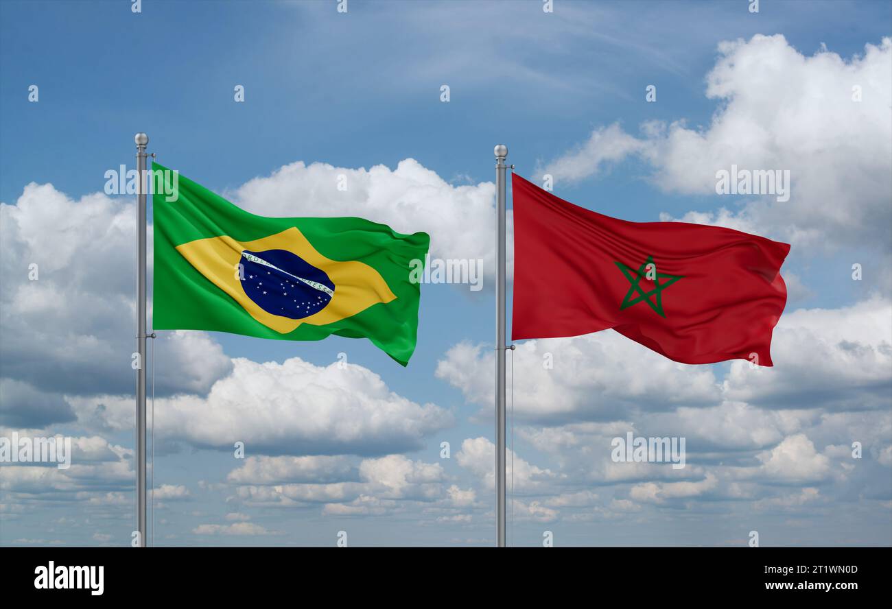 Morocco and Brazil flags waving together on blue cloudy sky, two country relationship concept ...