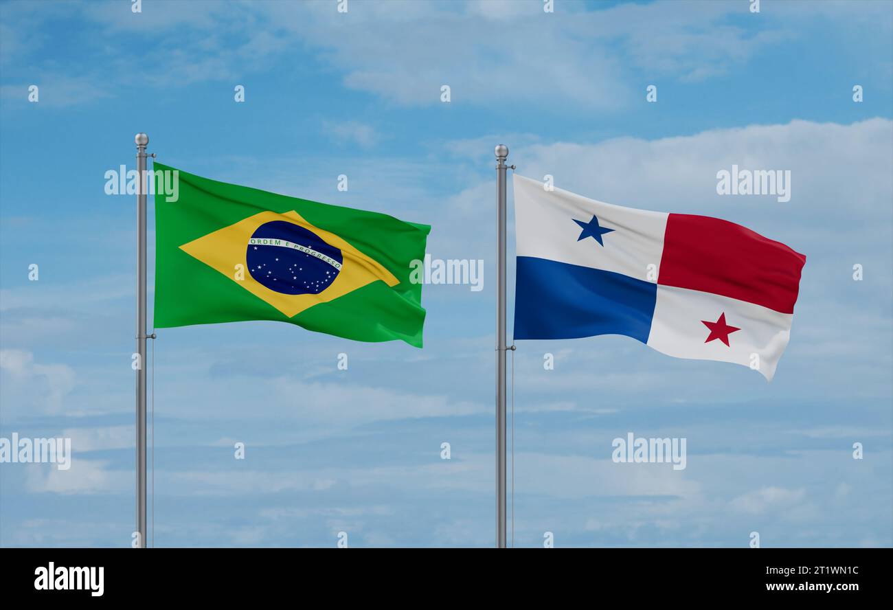 Panama and Brazil flags waving together on blue cloudy sky, two country ...