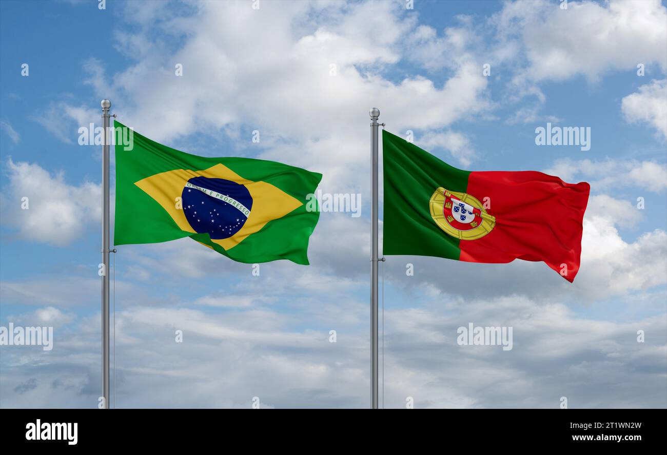 Portugal and Brazil flags waving together in the wind on blue cloudy ...