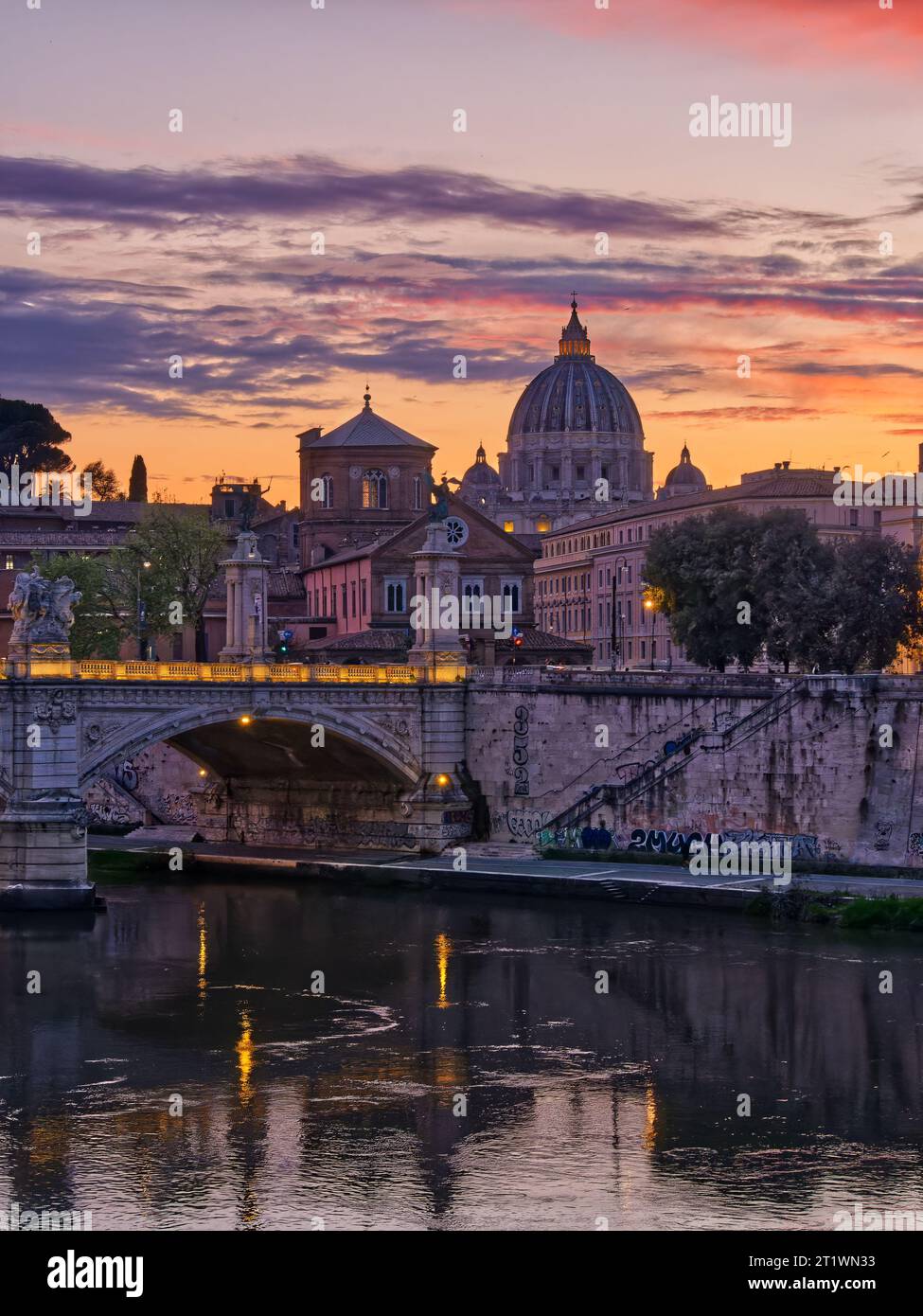 Rome sunset over Tiber and St. Peter's Basilica Vatican, Italy Stock ...