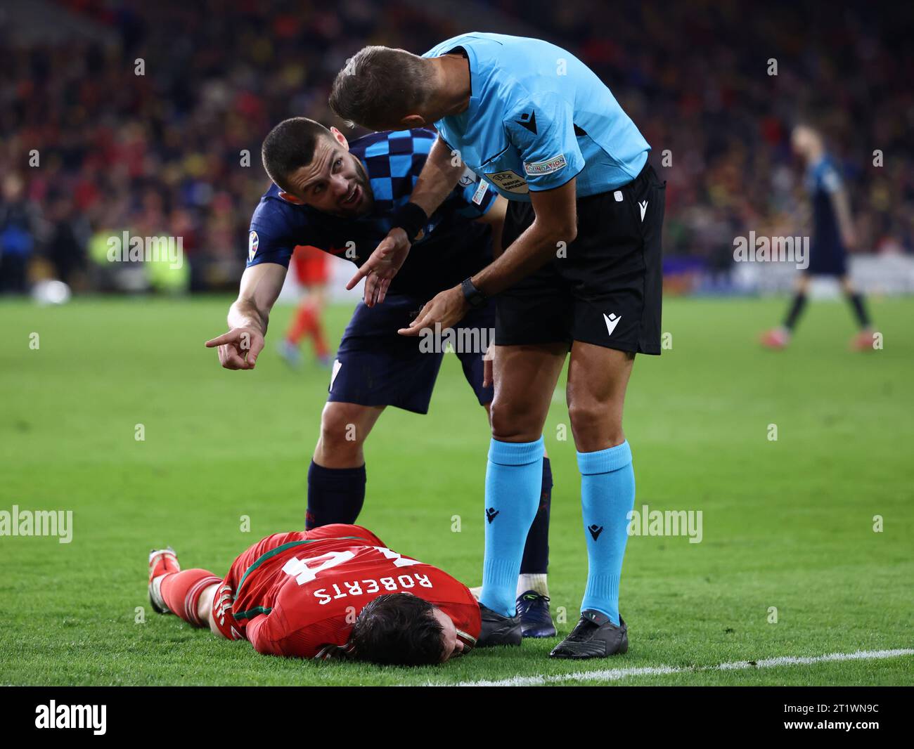 Cardiff, UK. 15th Oct, 2023. Mateo Kovacic of Croatia tells the referee ...