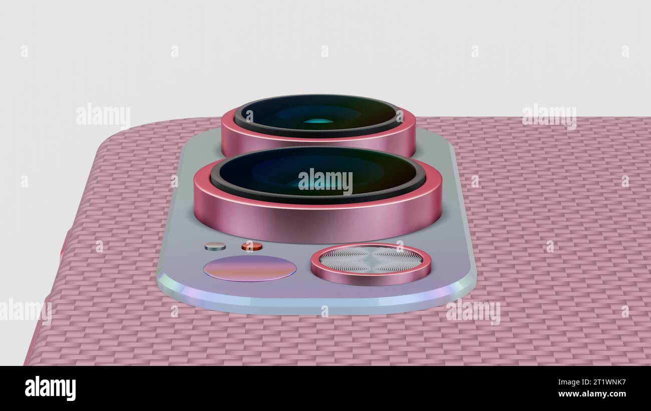 Pink gold smartphone cameras close up with metallic finish, futuristic ...