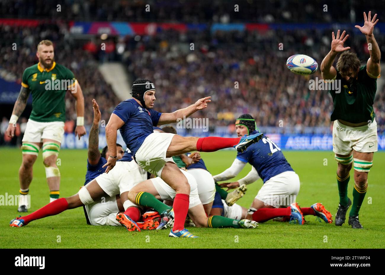 France’s Antoine Dupont clears the ball during the Rugby World Cup 2023 ...