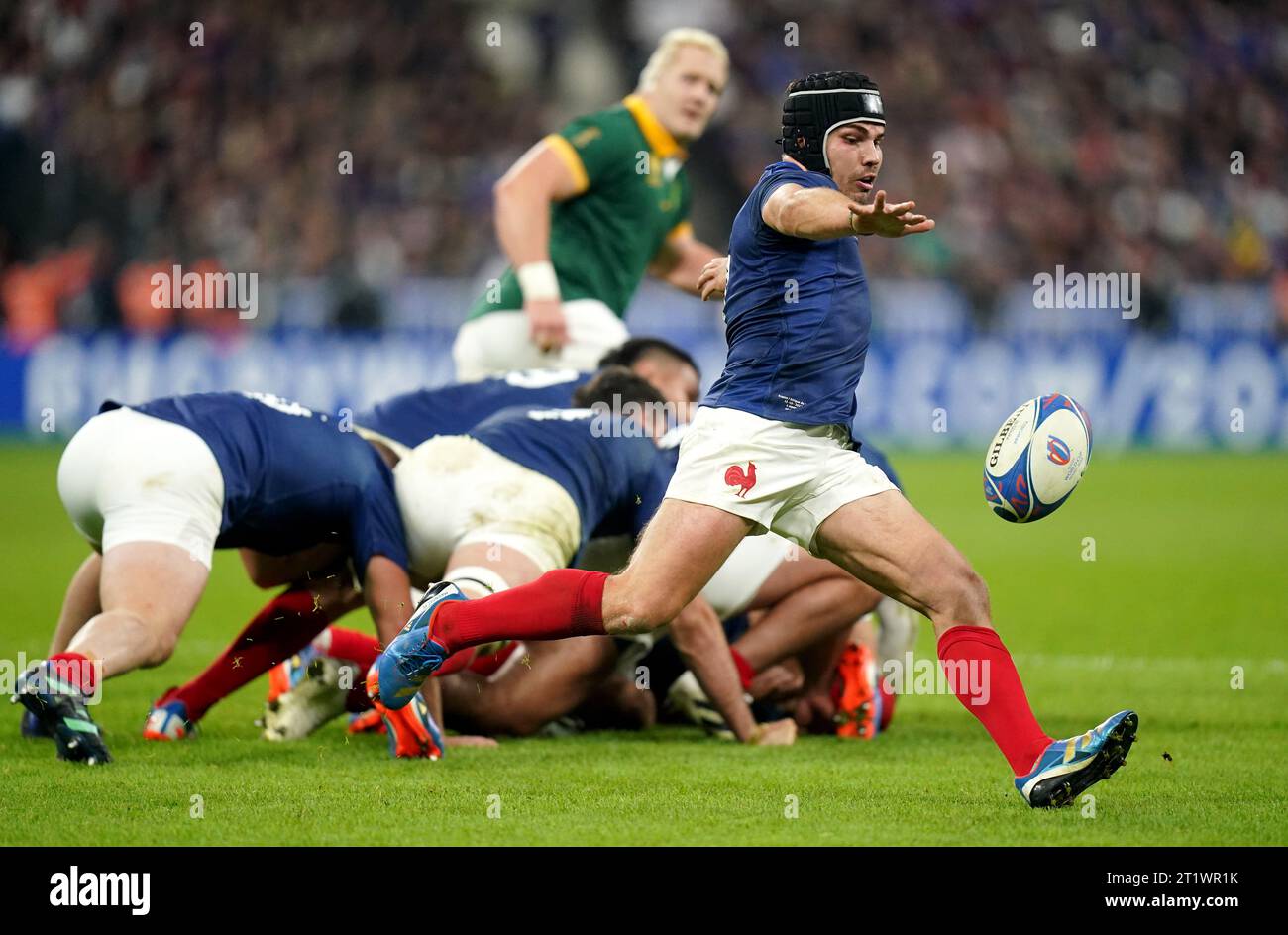 France’s Antoine Dupont clears the ball during the Rugby World Cup 2023 ...