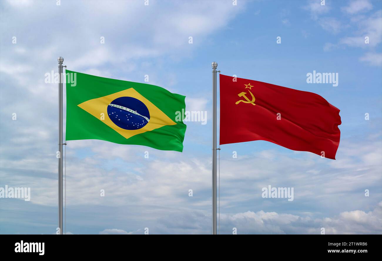 Soviet Union or USSR and Brazil flags waving together in the wind on ...