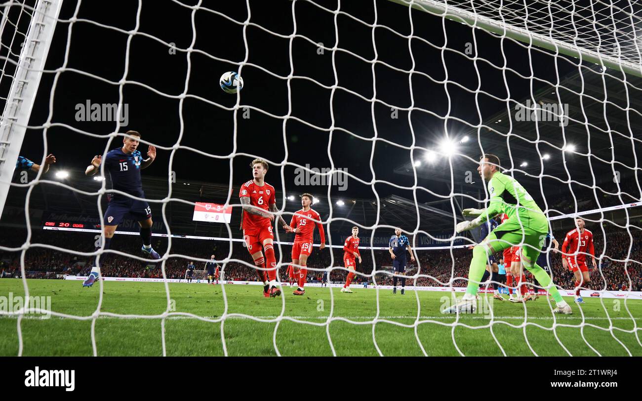 Cardiff, UK. 15th Oct, 2023. Mario Pasalic of Croatia pulls a goal back ...